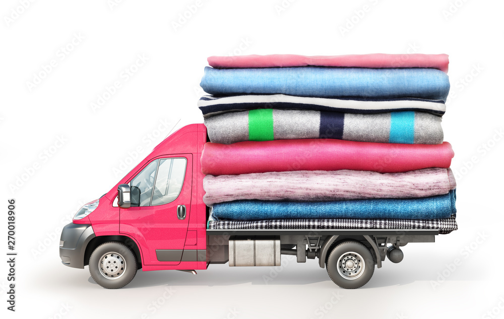 Concept of clothing delivery. A van with a stack of clothes on a ...