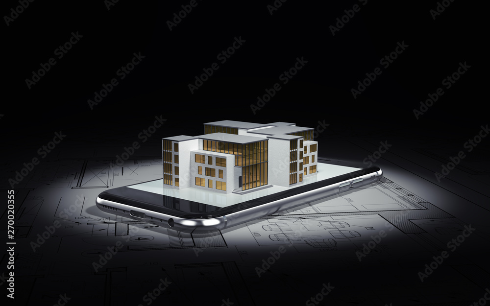 building. Architect plans, on which the smartphone lies and the layout ...