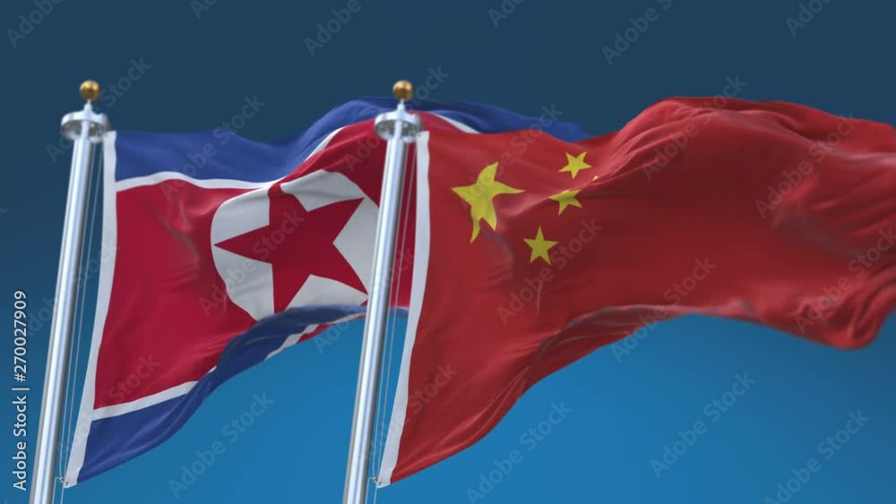 4k Seamless North Korea and China Flags with blue sky background;A ...