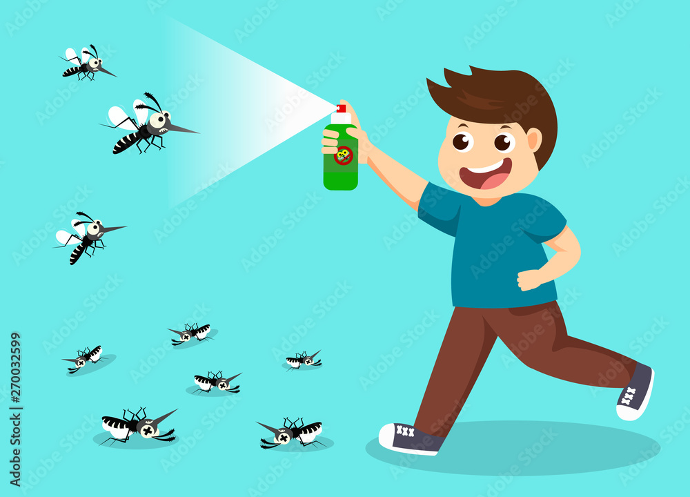 boy fight mosquito by spray. protection dengue fever concept. Vector ...