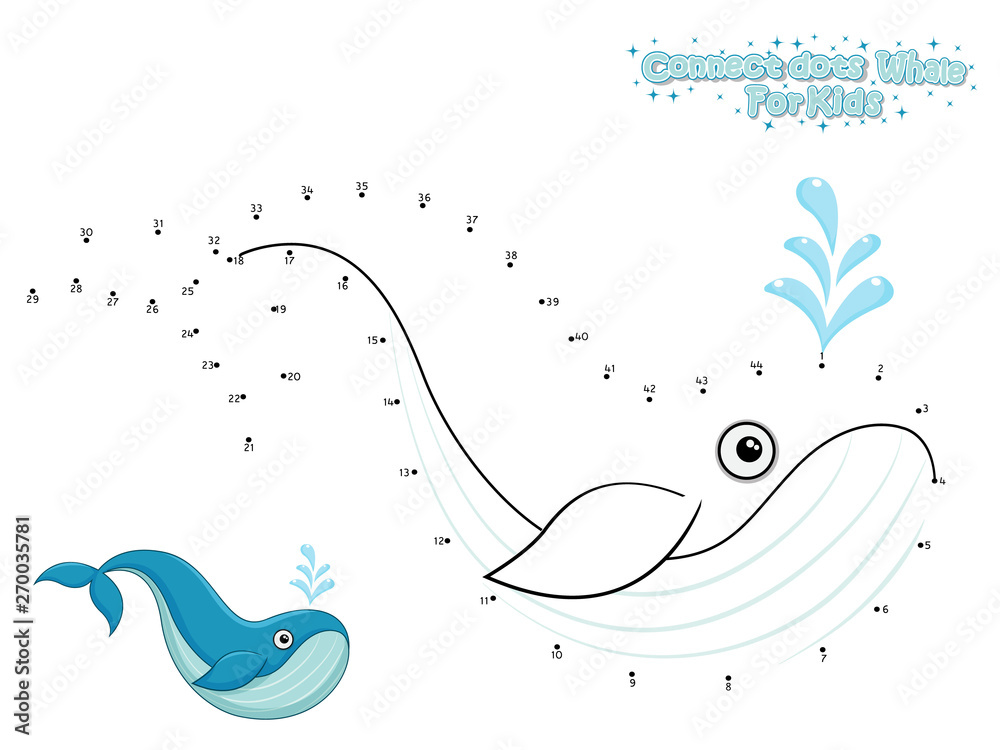Vector Connect The Dots and Draw Cute Cartoon Whale. Educational Game ...