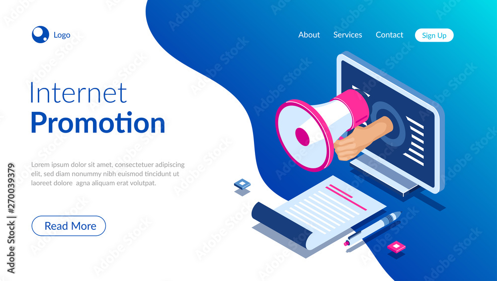 Internet Promotion Isometric Concept. hand with megaphone from laptop ...