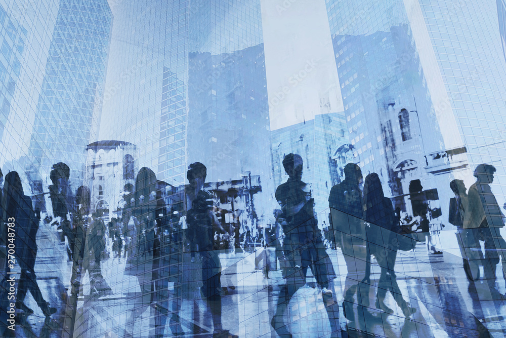 double exposure of business people walking on busy street of modern ...