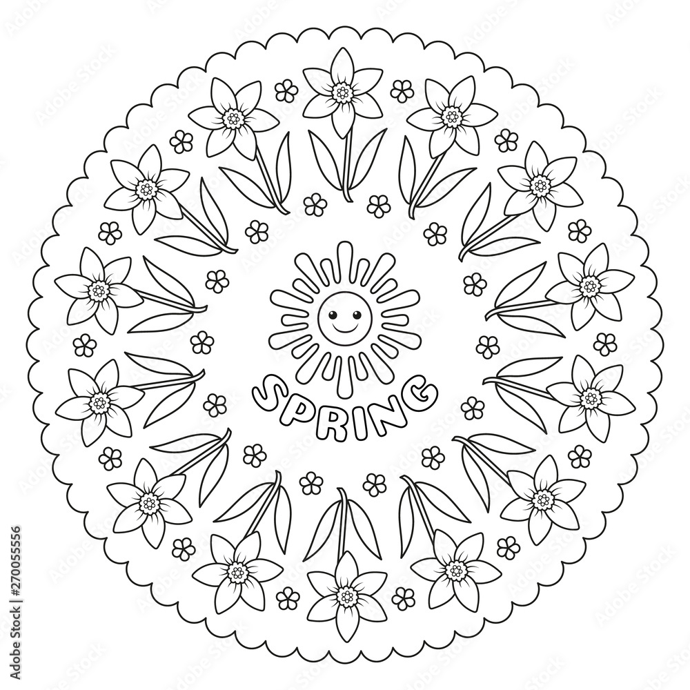 Coloring page mandala with SPRING sun and flowers. Vector Illustration ...