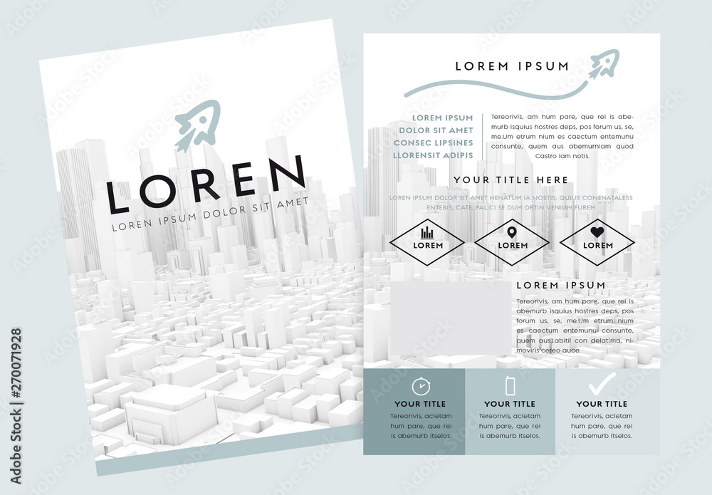 Minimalist Green and Gray Flyer Layout with Model Cityscape Elements ...