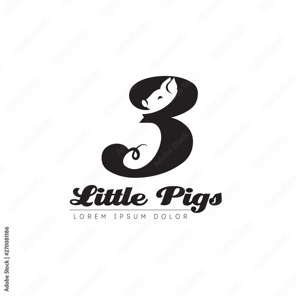 Three Little Pigs. Logo based on the fairy tale. Logotype with number 3 ...