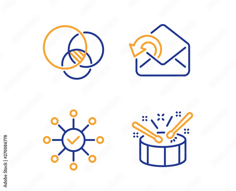 Euler diagram, Send mail and Survey check icons simple set. Drums sign. Relationships chart ...