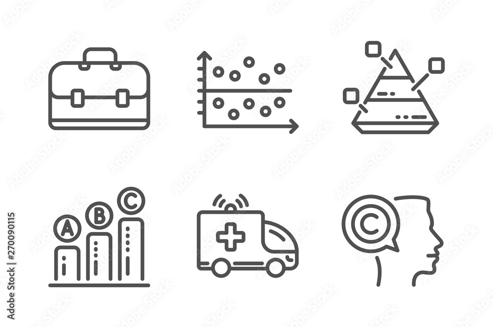 Pyramid chart, Ambulance car and Graph chart icons simple set. Dot plot ...