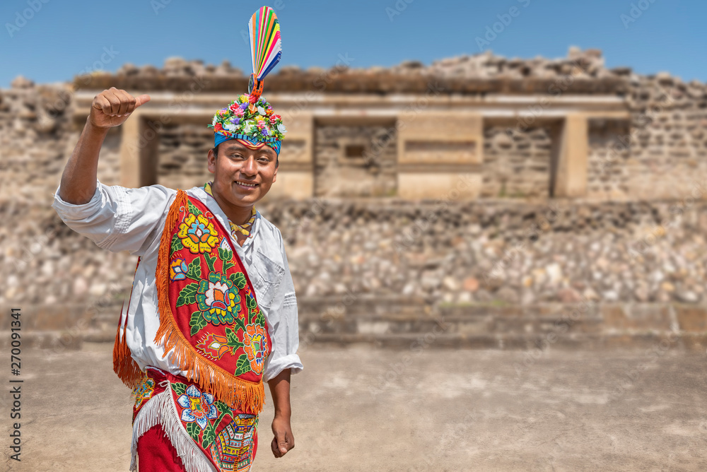Smiling portrait of a Mexican native performer. A flying man before ...