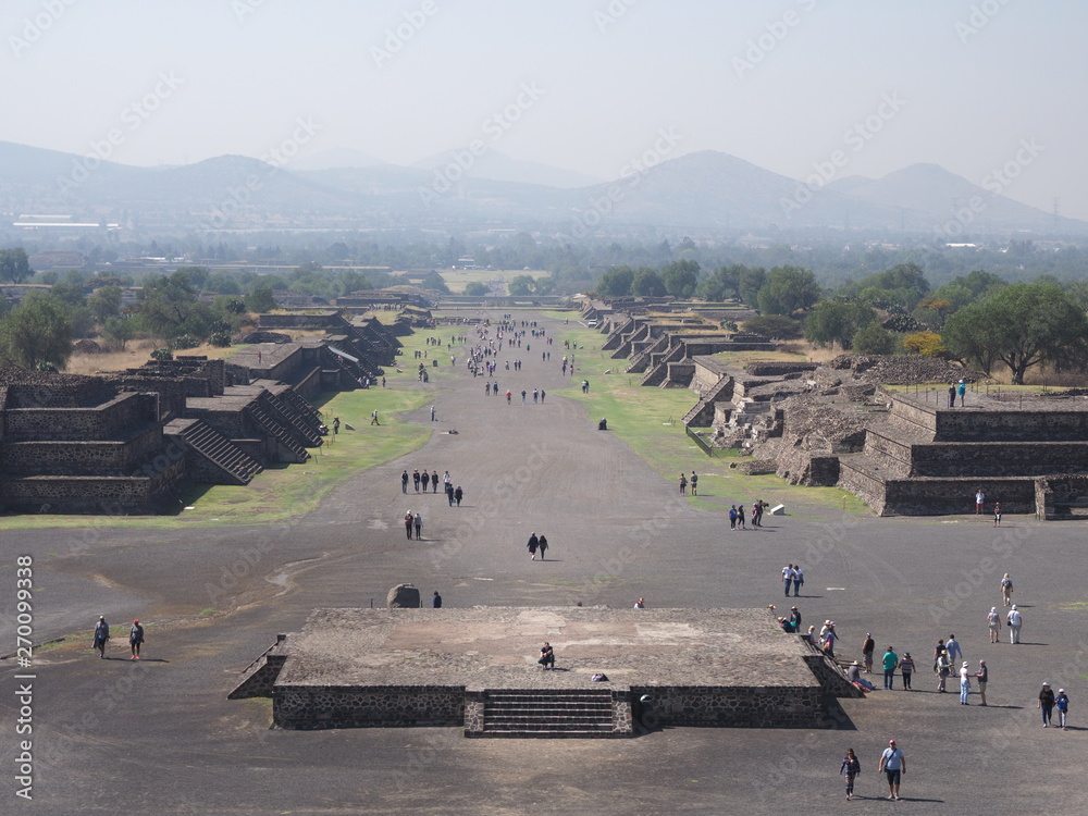 Famous view to Avenue of the Dead with pyramids at Teotihuacan ruins ...