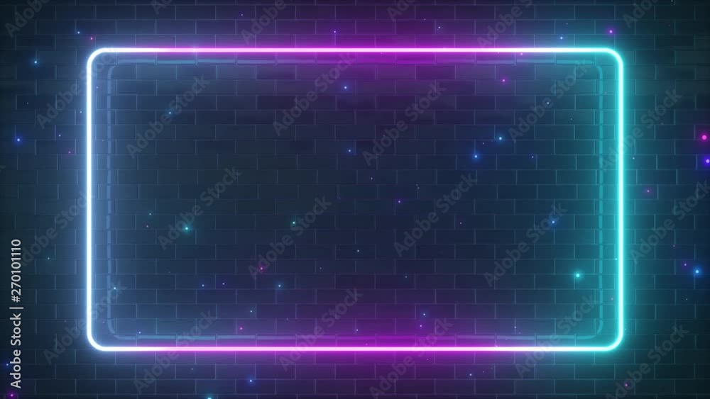 Rectangular neon sparkling luminous form on the background of a brick ...