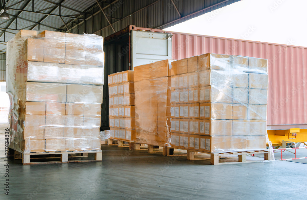 Packaging Boxes on Pallet Loading into Shipping Cargo Container. Supply ...