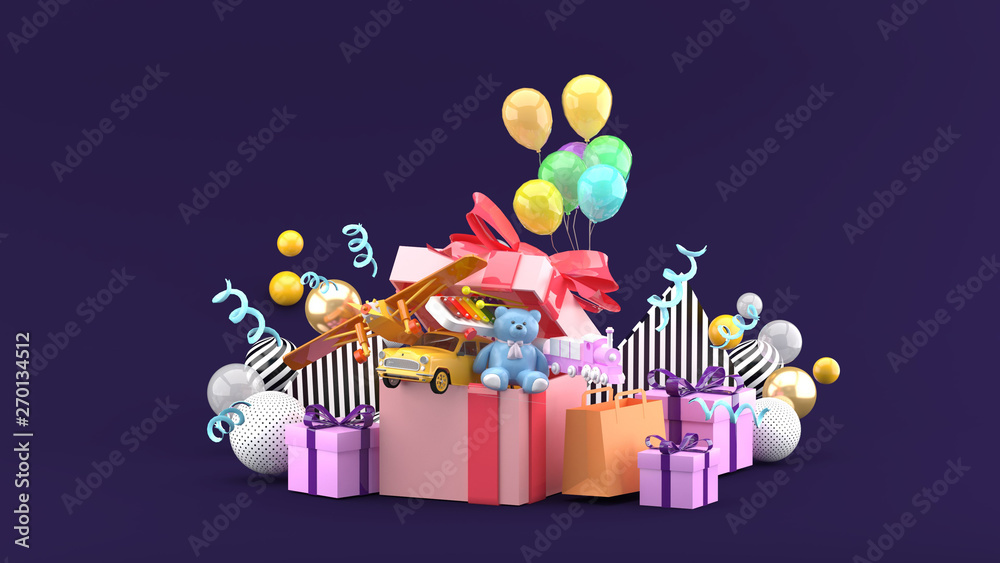 Toy cars, planes, teddy bears and trains are in gift boxes amid ...