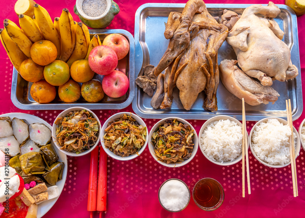 Food on the table for gods worshiping Chinese beliefs. Stock Photo ...