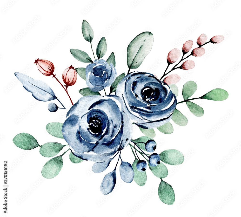 Watercolor indigo flowers roses. Floral clip art. Perfectly for ...