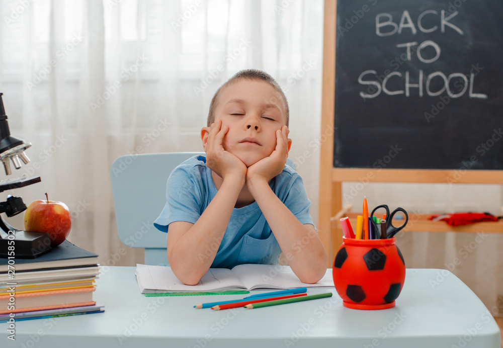 school boy sitting at home classroom lying desk filled with books ...