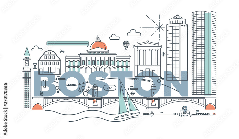 Typography word Boston branding technology concept. Collection of flat ...