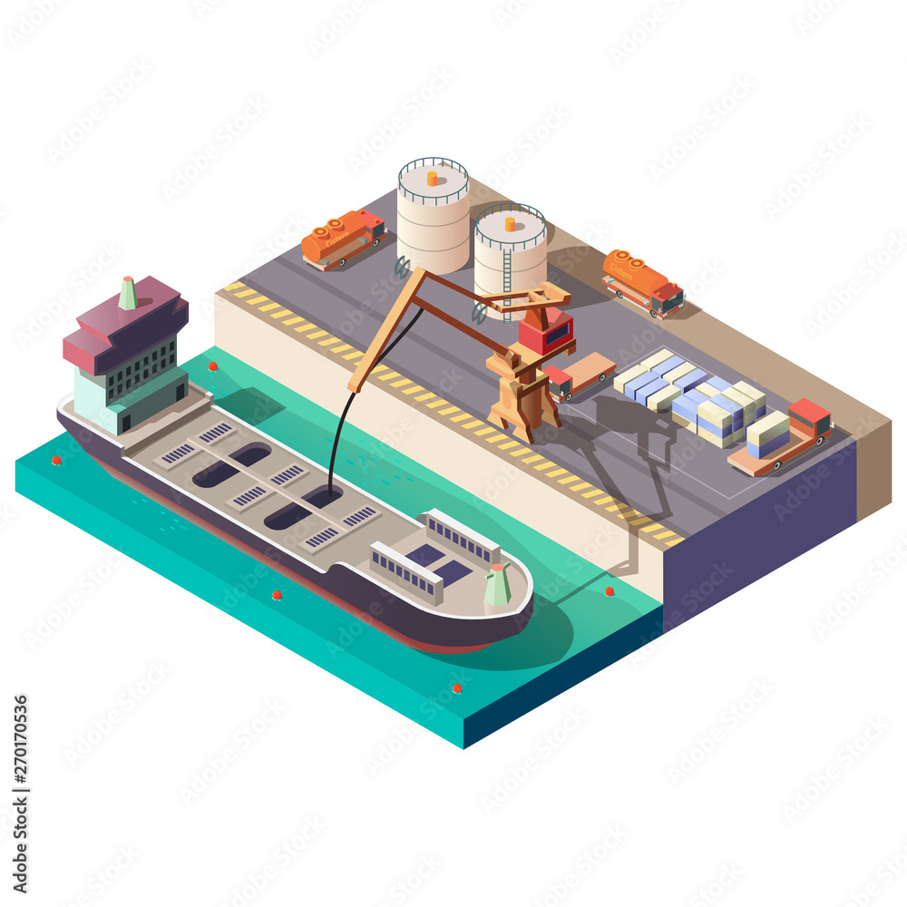 Petroleum import, export isometric vector isolated on white background ...