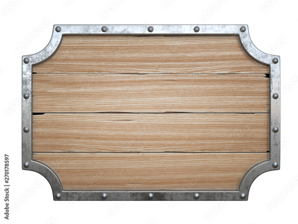 Wooden medieval sign board with metal frame isolated on white ...