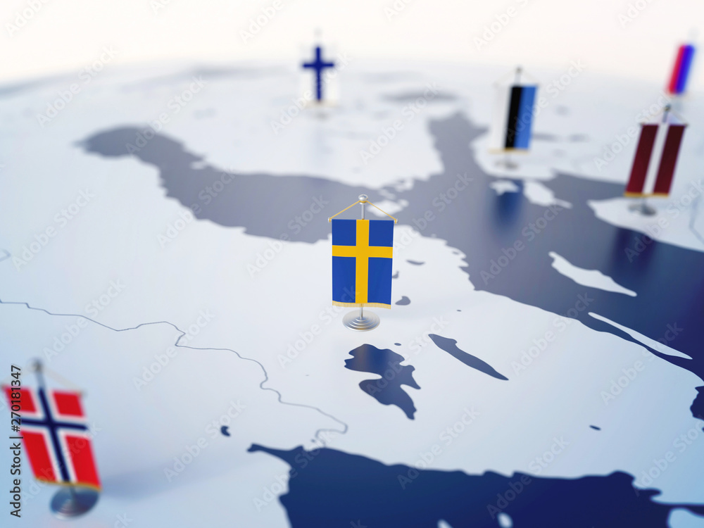 Flag of Sweden in focus among other European countries flags. Europe ...