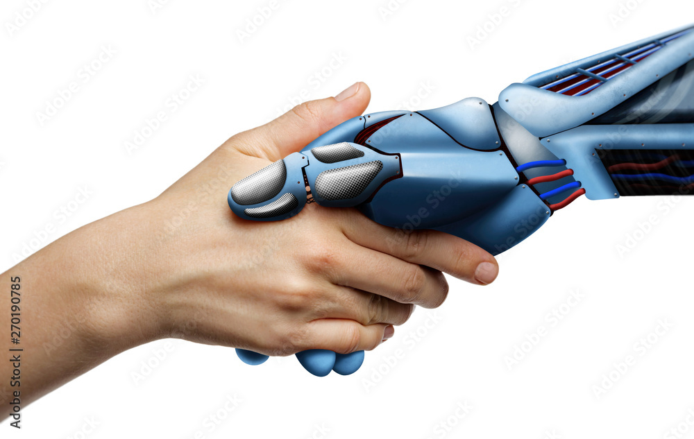 Robot's hand pulls a woman hand. Two hands on rescue position ...