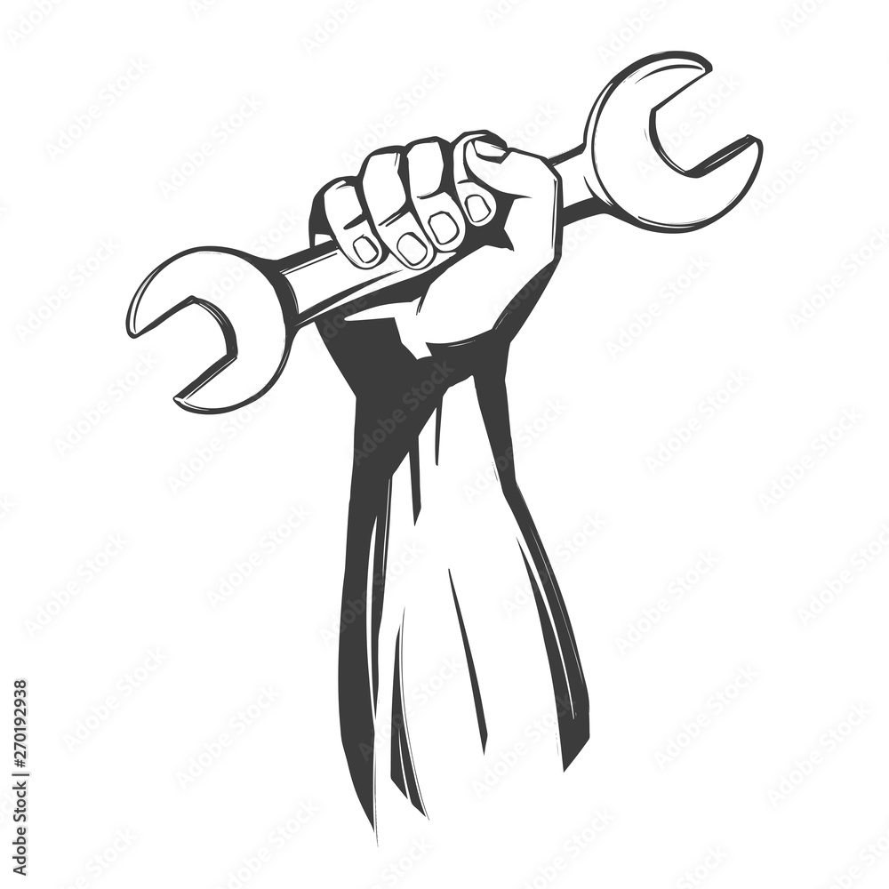 hand holding a wrench, tools icon cartoon hand drawn vector ...