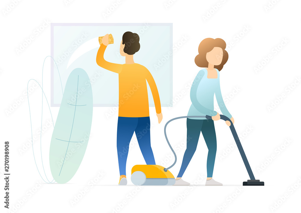 Couple cleaning house flat vector illustration. Husband washing widow ...
