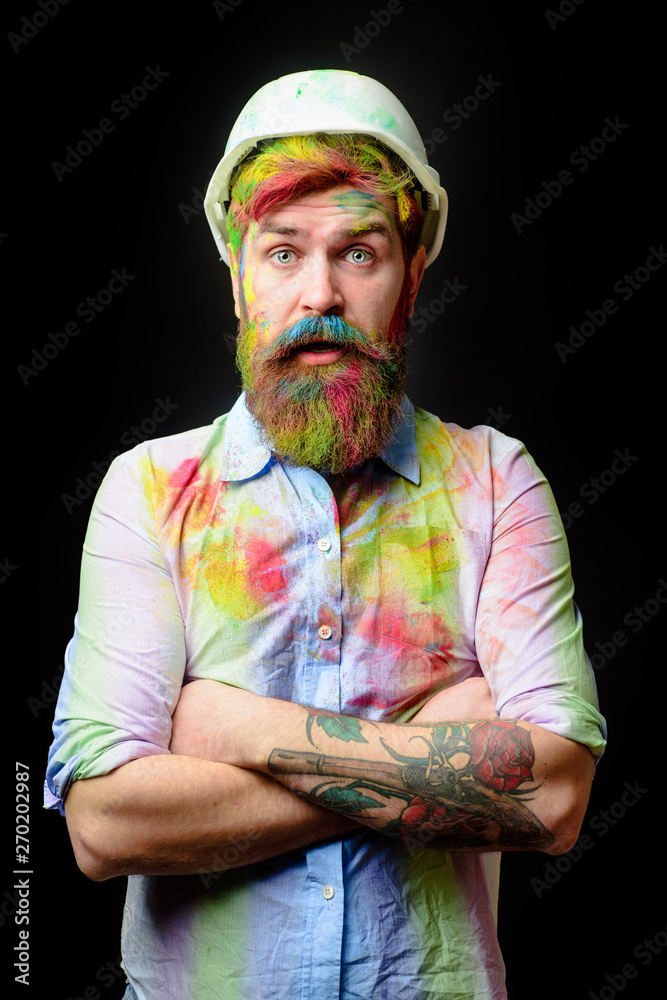 Painter in white hard hat. Construction manager on site. Professional ...