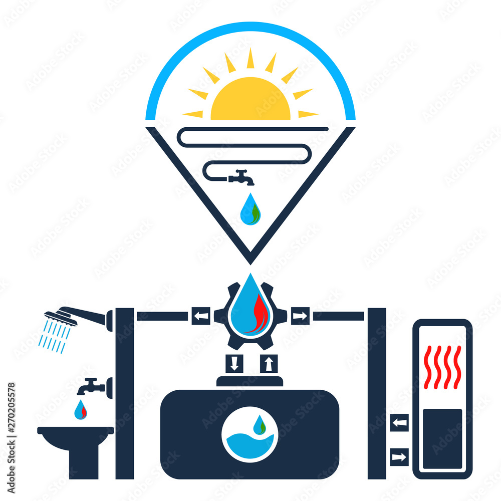 Solar water heater. Solar hot water system. Save energy concept, icon ...