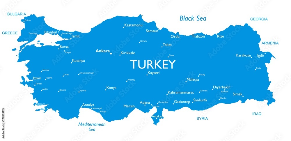 Vector map of Turkey | Outline detailed map with city names Stock ...