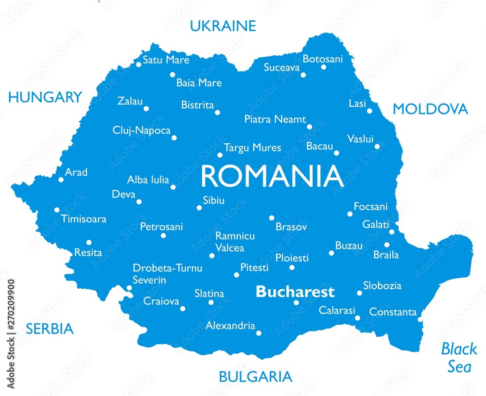Vector map of Romania | Outline detailed map with city names Stock ...