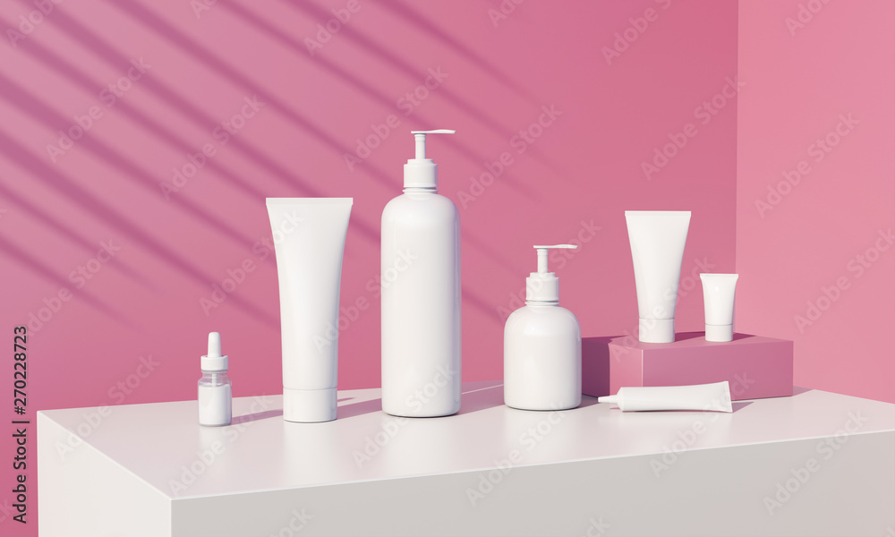3d render of cosmetic bundle for skin hair care. White plastic package ...
