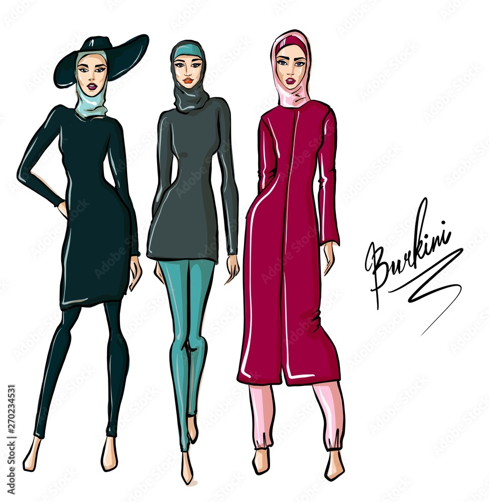 beautiful arab girls in burkini. Hand drawn illustration of young ...