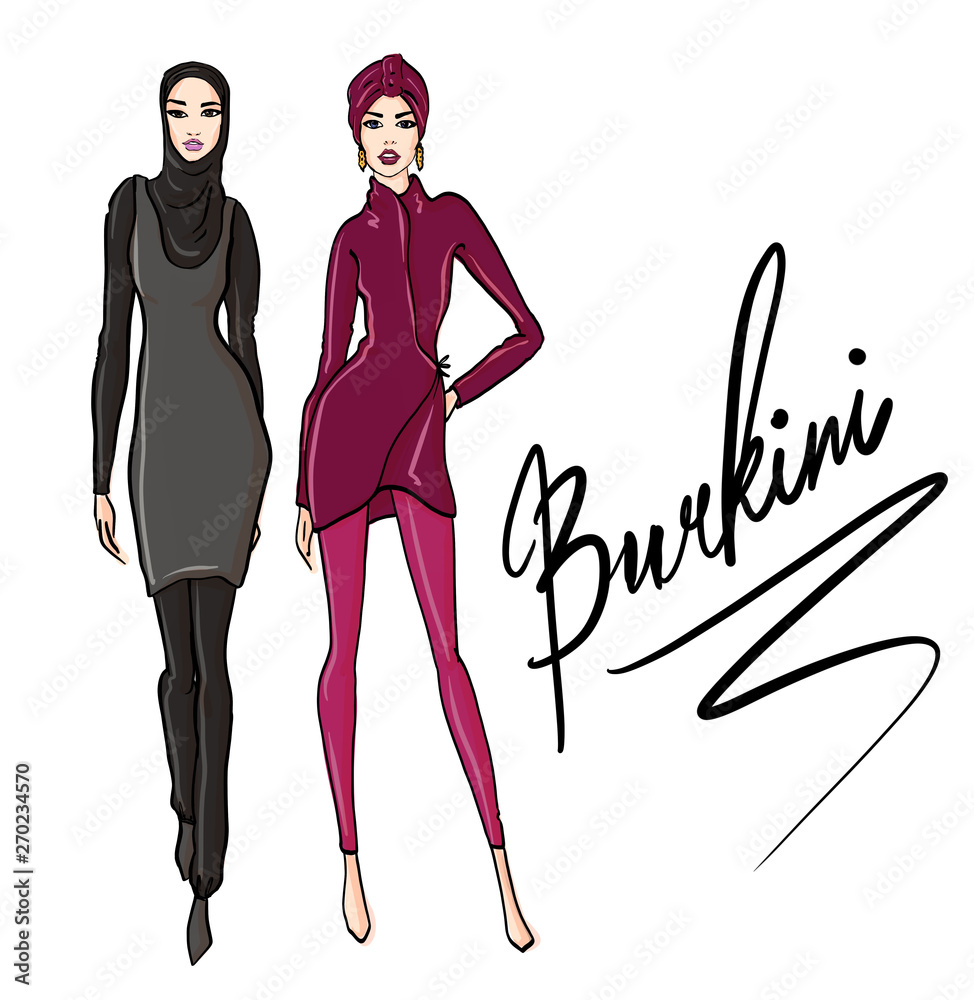 beautiful arab girls in burkini. Hand drawn illustration of young ...