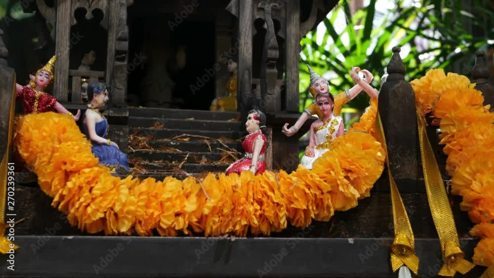 Wooden miniature guardian spirit house. Small buddhist temple shrine ...