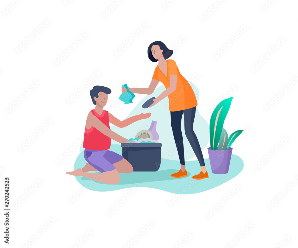 Scenes with family doing housework, couple man and woman home cleaning ...