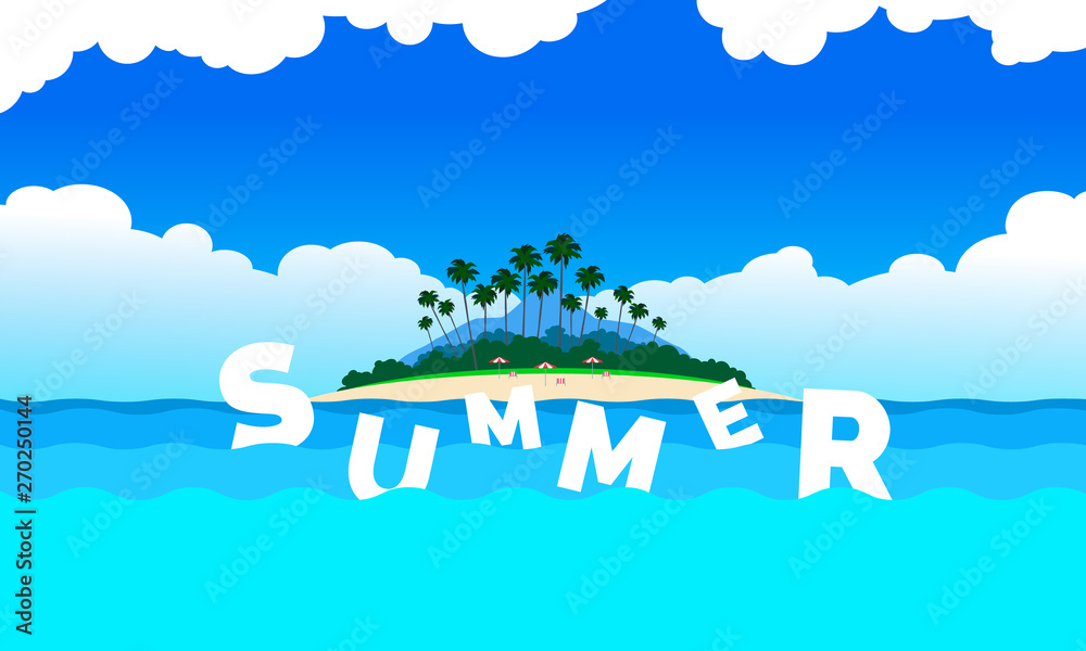 summer seascape banner design with tropical island and floating letters ...