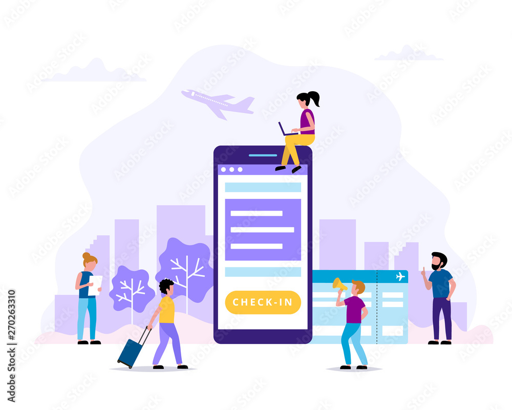 Check-in, concept illustration with smartphone, boarding pass. Small ...