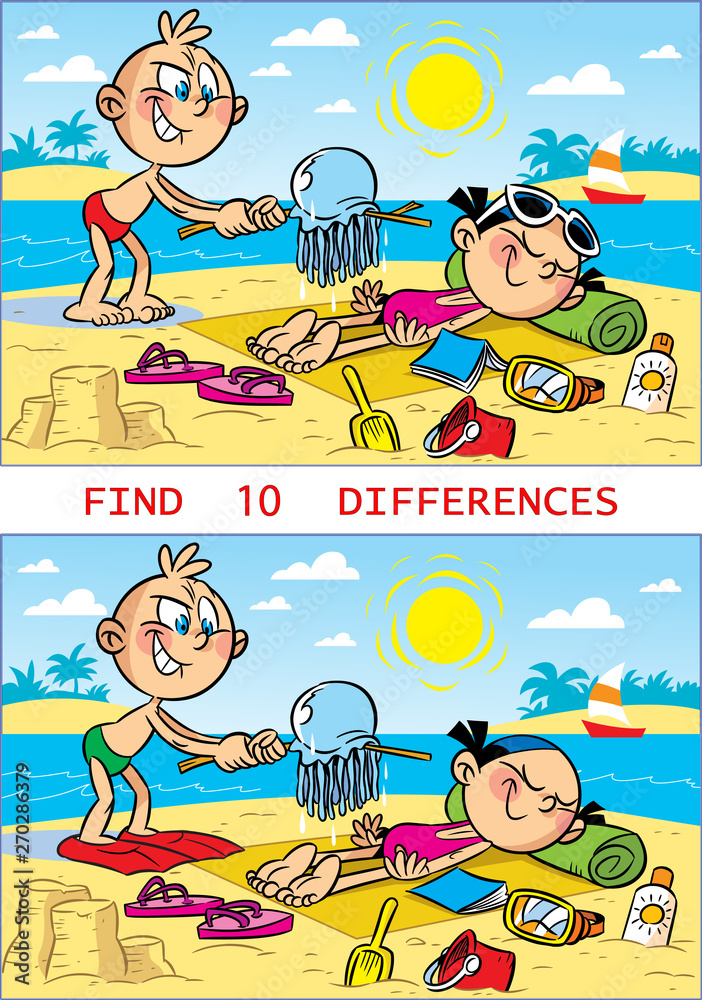 Puzzle with cartoon children on the beach, where you need to find ...
