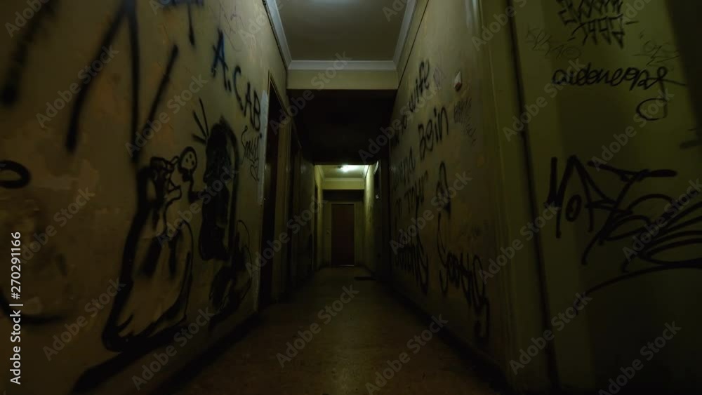 Old Apartment,Ghetto Building,long Dark Hallway.Tracking inside a dark ...