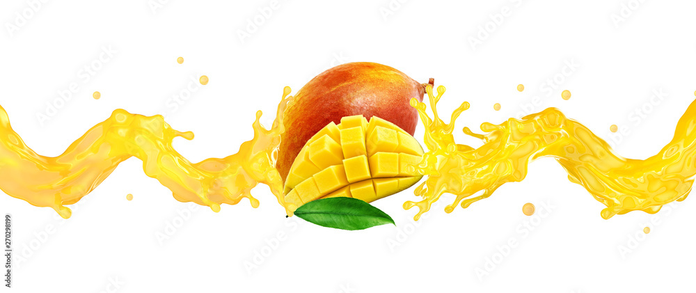 Fresh ripe mango, slice and mango juice splash waves. Healthy food or ...