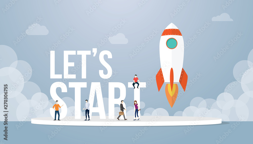 lets start big words concept with team people and rocket startup launch ...