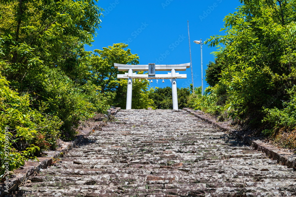 Japanese shrine ,long stone stairs to japanese Torii gate ,Shikoku ...