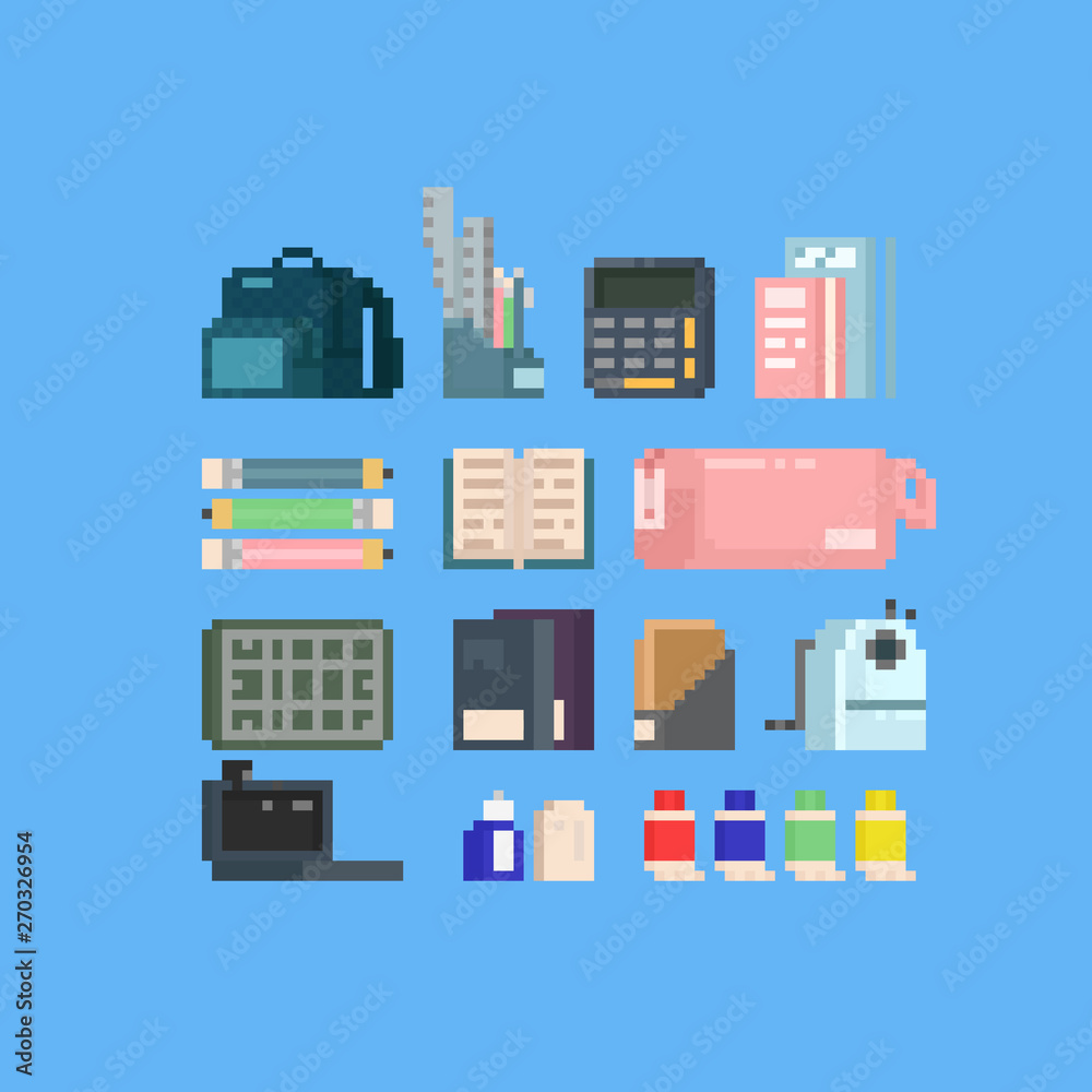 Pixel art back to school accessories set.8bit. Stock Vector | Adobe Stock