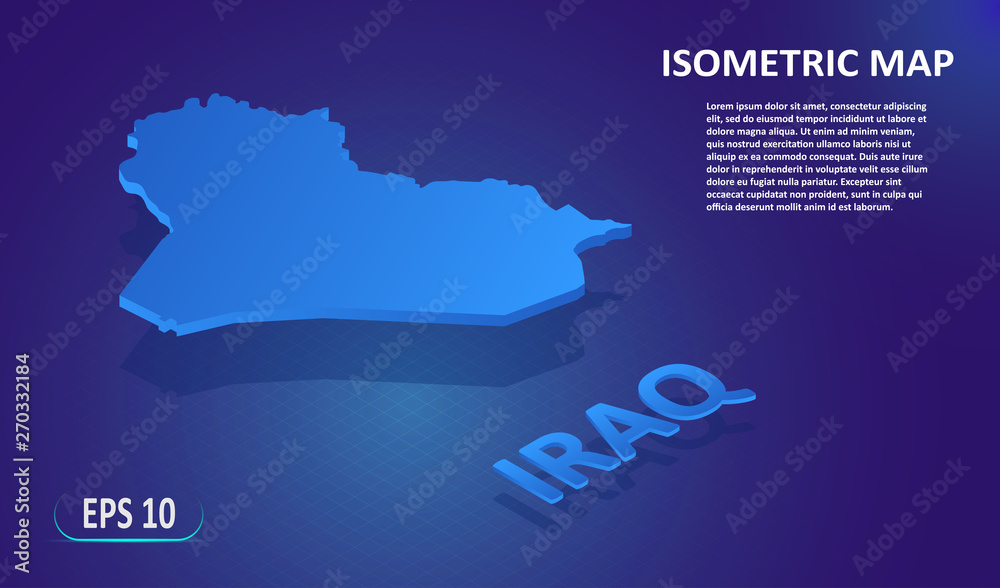 Isometric map of the IRAQ. Stylized flat map of the country on blue ...