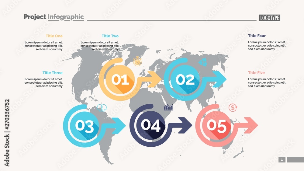 Five options process chart slide template. Business data. Flow, point ...