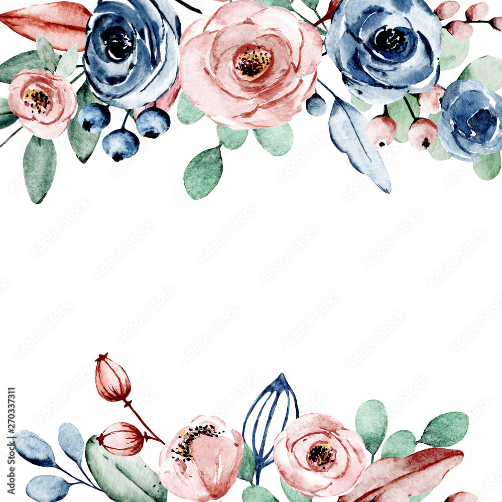 Greeting card template, watercolor flowers, frame with indigo and dusty ...