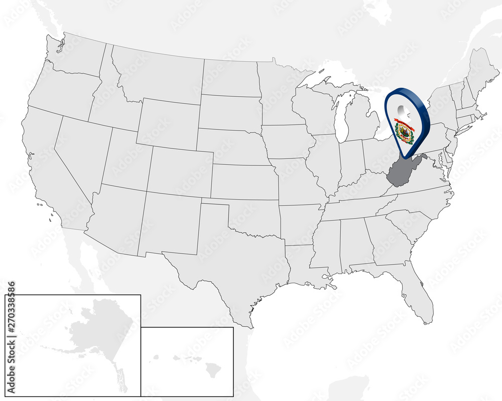 Location Map of State West Virginia on map USA. 3d State West Virginia ...