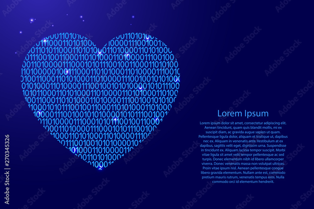 Heart icon symbol of love abstract schematic from blue ones and zeros ...