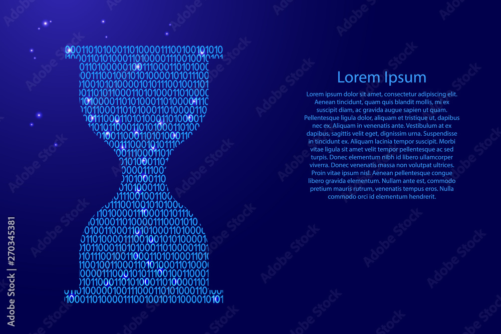 Hourglass icon abstract schematic from blue ones and zeros binary digital code with space stars ...